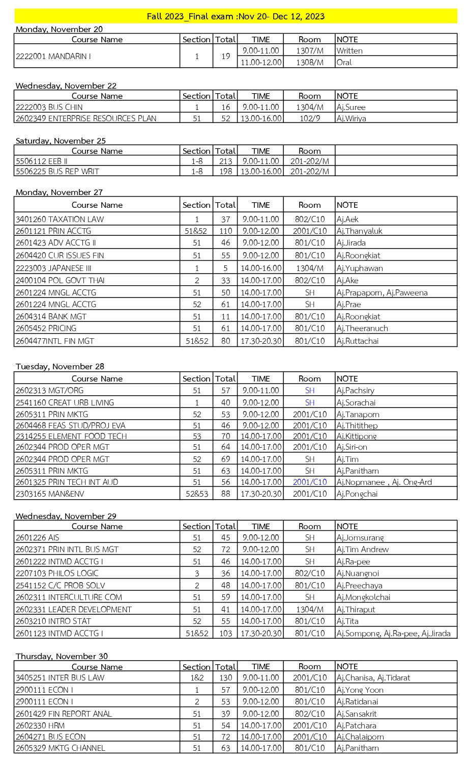 Final Examination Schedule for Fall Semester 2023 of Academic year 2023